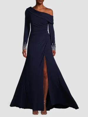Mac Duggal One-shoulder Jersey Ruched Side Slit Gown