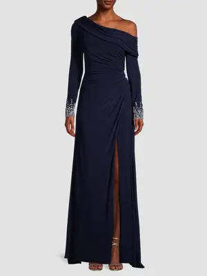 Mac Duggal One-shoulder Jersey Ruched Side Slit Gown