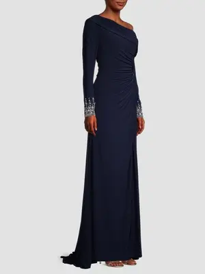 Mac Duggal One-shoulder Jersey Ruched Side Slit Gown