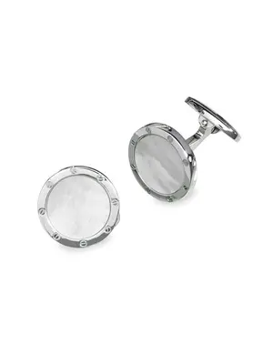 JAN LESLIE Etched Rivet Round Onyx Cufflinks - Silver