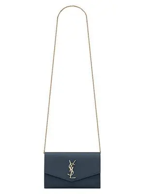 Saint Laurent Uptown Chain Wallet In Grain De Poudre Embossed Leather Charron Blue