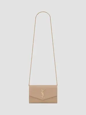 Saint Laurent Uptown Chain Wallet In Grain De Poudre Embossed Leather - Dark Beige