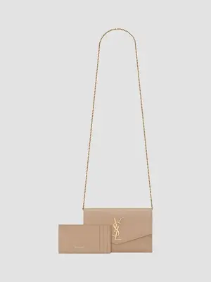 Saint Laurent Uptown Chain Wallet In Grain De Poudre Embossed Leather - Dark Beige
