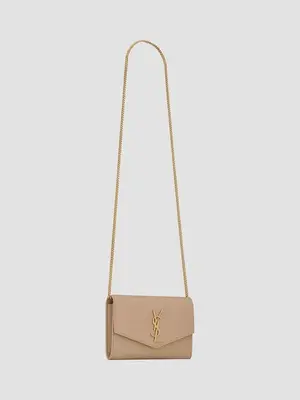 Saint Laurent Uptown Chain Wallet In Grain De Poudre Embossed Leather - Dark Beige