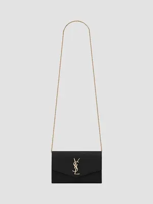 Saint Laurent Uptown Chain Wallet In Grain De Poudre Embossed Leather - Nero