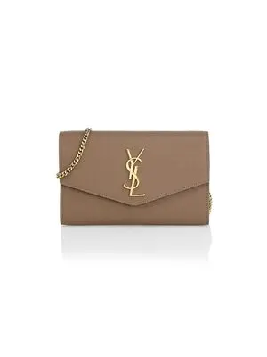 Saint Laurent Uptown Chain Wallet In Grain De Poudre Embossed Leather Taupe