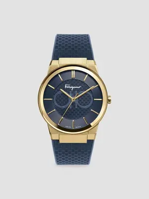 FERRAGAMO Sapphire Yellow Ip Double Gancini Rubber Strap Watch - Gold