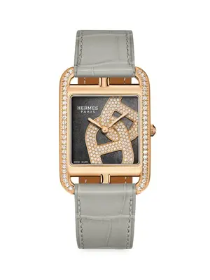 Hermès Cape Cod 37mm Chain D'ancre 18k Rose Gold, Diamond & Alligator Strap Watch - Grey