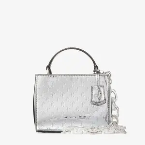 JIMMY CHOO Varenne Top Handle Mini Silver Jc Mirror Fabric Mini Bag With Plexi Chain Strap Silver