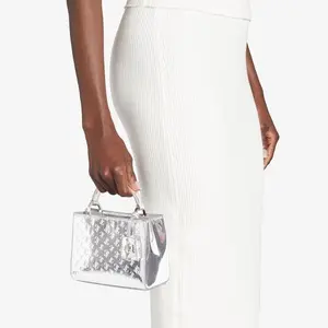JIMMY CHOO Varenne Top Handle Mini Silver Jc Mirror Fabric Mini Bag With Plexi Chain Strap Silver