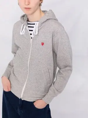 Play Comme Des Garcon Embroidered-motif Zip-front Hoodie - Grey