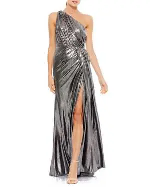 Mac Duggal One-shoulder Metallic Column Gown Gunmetal