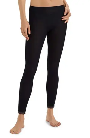Hanro Woolen Lace Trim Rib Leggings - Black