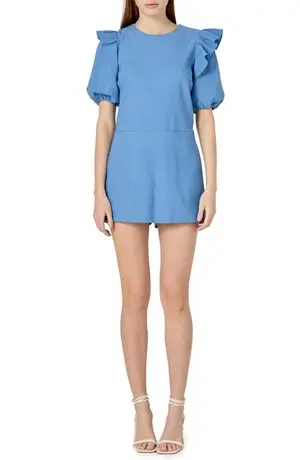 English Factory Puff Sleeve Romper - Blue Denim
