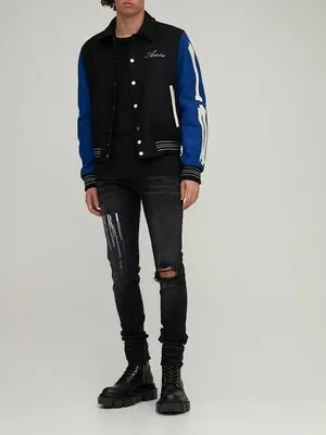 Amiri Bones Logo Wool Blend Varsity Jacket - Black,blue