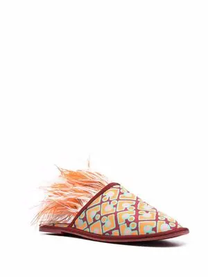 La DoubleJ Boudoir Feather-trim Slippers - Red