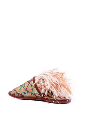 La DoubleJ Boudoir Feather-trim Slippers - Red