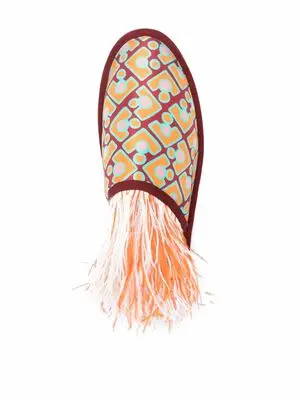 La DoubleJ Boudoir Feather-trim Slippers - Red