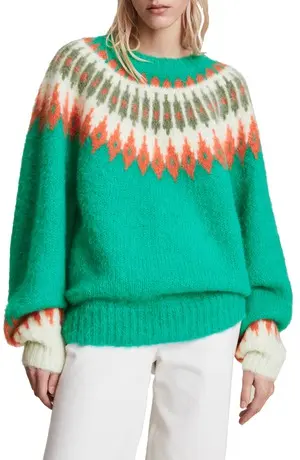 ALLSAINTS Falka Fair Isle Oversize Sweater Green