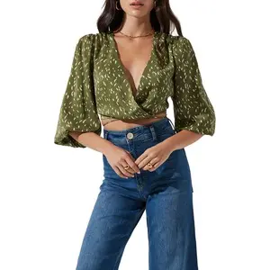 Astr The Label Wrap Front Cutout Top - Green Flecks