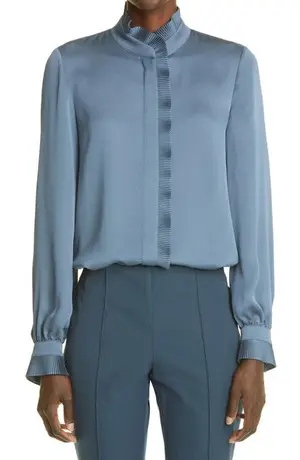 Lafayette 148 New York Gemma Pleated Trim Blouse - Smoked Slate