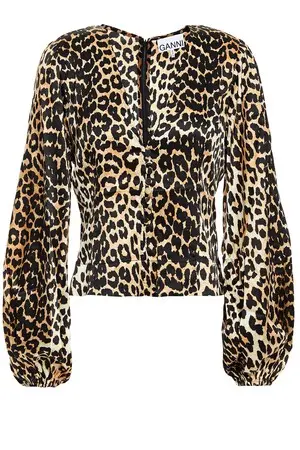 GANNI Leopardprint Silkblend Satin Top - Animal Print