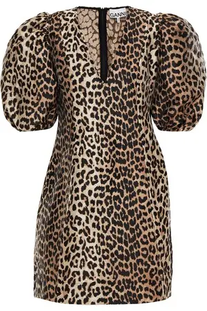 GANNI Leopard Jacquard Gathered Mini Dress - Animal Print