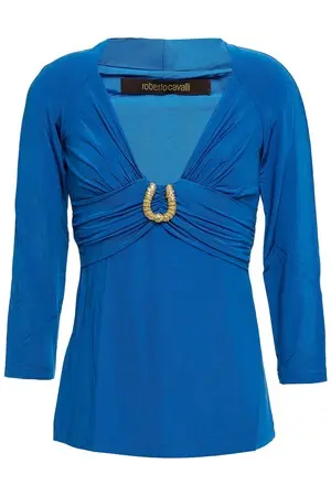 Roberto Cavalli Roberto Cavalli Appliquéd Gathered Stretch-Jersey Top - Blue