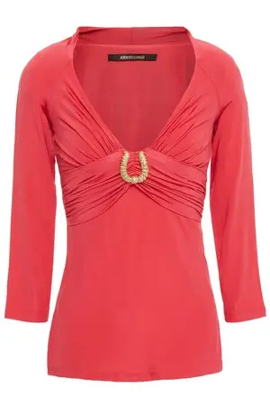 Roberto Cavalli Appliquéd Gathered Stretch-jersey Top - Coral