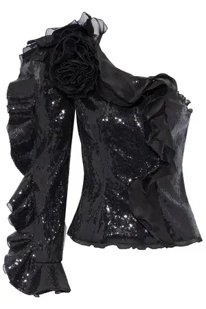 Dundas Oneshoulder Ruffled Sequined Tulle Top - Black