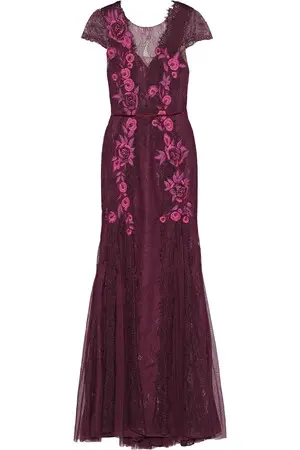 Marchesa Tullepaneled Embellished Chantilly Lace Gown - Plum