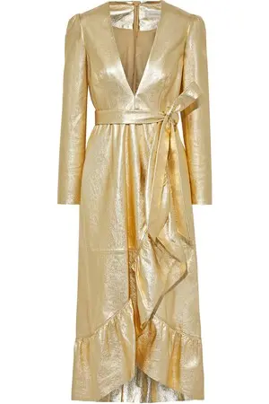 Zimmermann Ladybeetle Wrap-Effect Ruffled Metallic Textured-Leather Midi  Dress Metallic In Gold - 70% Off | Editorialist