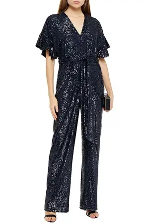 Sachin & Babi Belted Sequined Mesh Jumpsuit