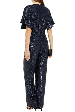 Sachin & Babi Belted Sequined Mesh Jumpsuit