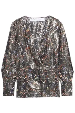 IRO PARIS Milana Wrapeffect Printed Silkblend Lamé Blouse - Gunmetal
