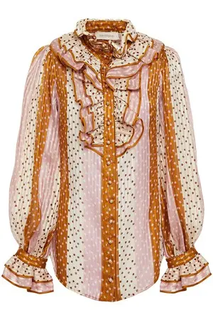 Zimmermann Ruffled Metallic Polkadot Silkblend Jacquard Top - White