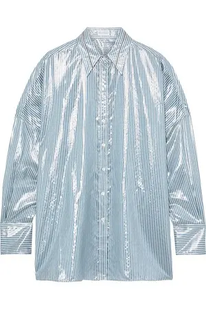 Brunello Cucinelli Striped Lamé Shirt With Bead Embellishment - Slate Blue