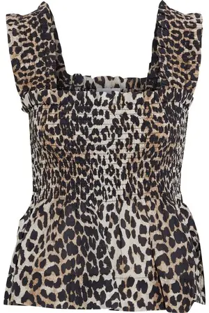 GANNI Shirred Leopardprint Cotton And Silkblend Peplum Top - Animal Print