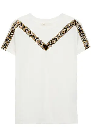 Maje Embellished Jacquardtrimmed Linenjersey Tshirt - Ivory