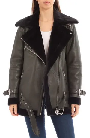 Avec Les Filles Faux Shearling Trim Faux Leather Biker Jacket