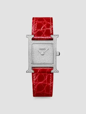 Hermès Heure H Stainless Steel, 0.04 Tcw Diamond & Alligator Leather Strap Watch/21mm - Red
