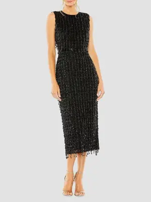 Mac Duggal Beaded Fringe Sheath Dress - Black