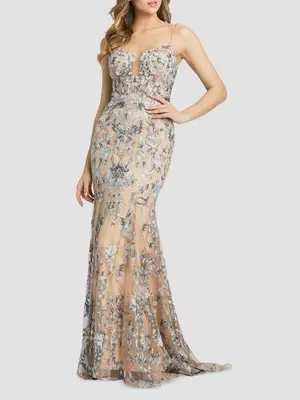 Mac Duggal Sweetheart Tulle Floral Gown - Beige Multi