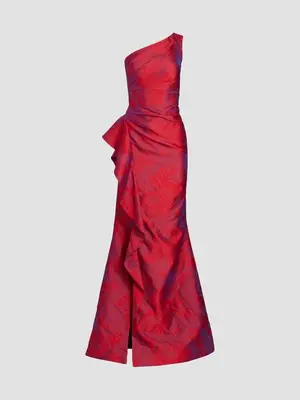 Rickie Freeman For Teri Jon Jacquard One-shoulder Ruched Gown - Fuchsia Red