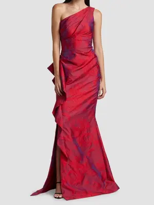 Rickie Freeman For Teri Jon Jacquard One-shoulder Ruched Gown