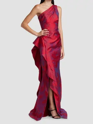 Rickie Freeman For Teri Jon Jacquard One-shoulder Ruched Gown