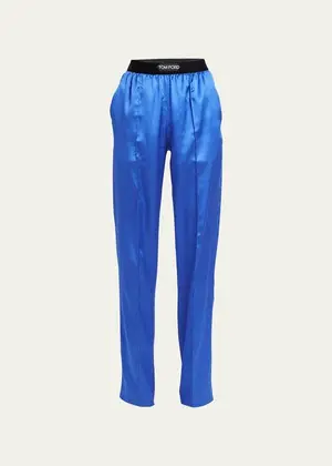 TOM FORD Logo-Banded Silk PJ Pants Cobalt Blu