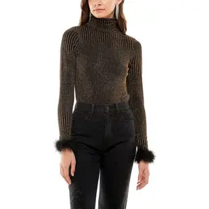 WAYF Metallic Turtleneck Bodysuit With Faux Fur Cuffs