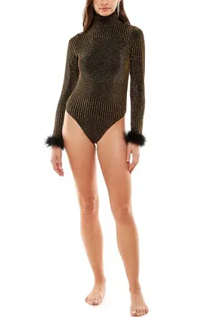 WAYF Metallic Turtleneck Bodysuit With Faux Fur Cuffs