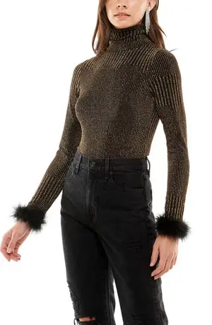 WAYF Metallic Turtleneck Bodysuit With Faux Fur Cuffs